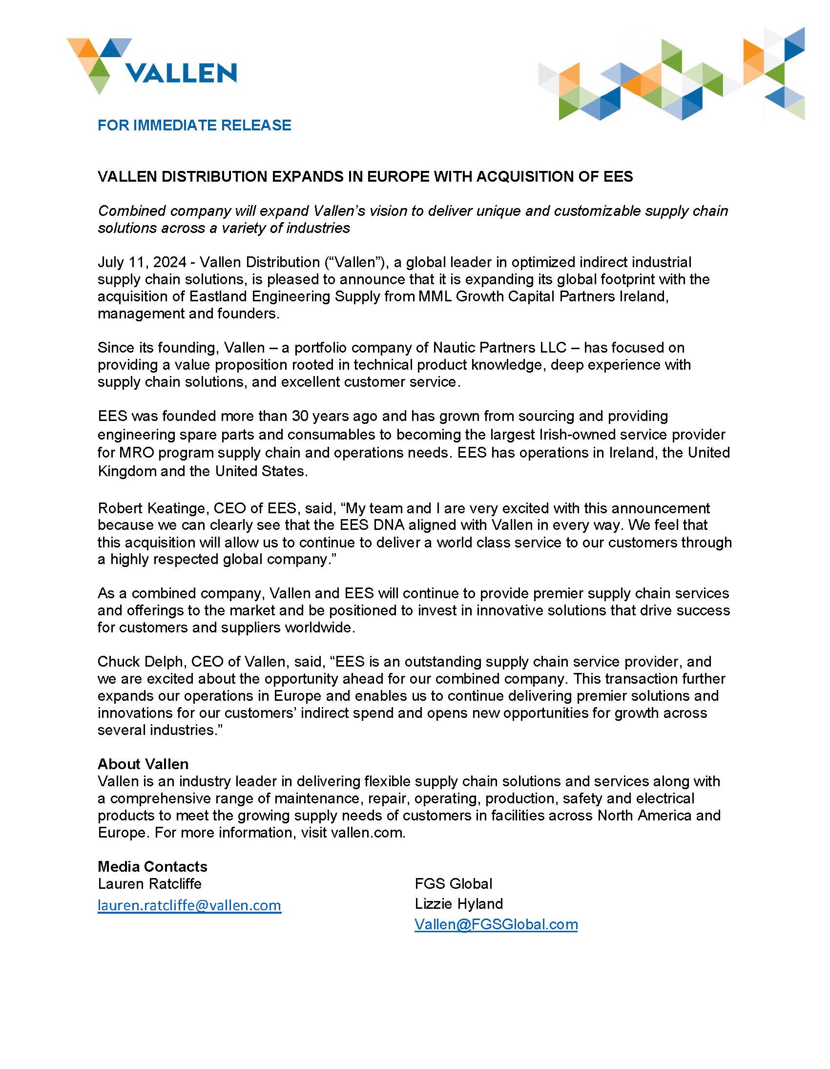 Vallen Distribution Expands in Europe with Acquisition of EES