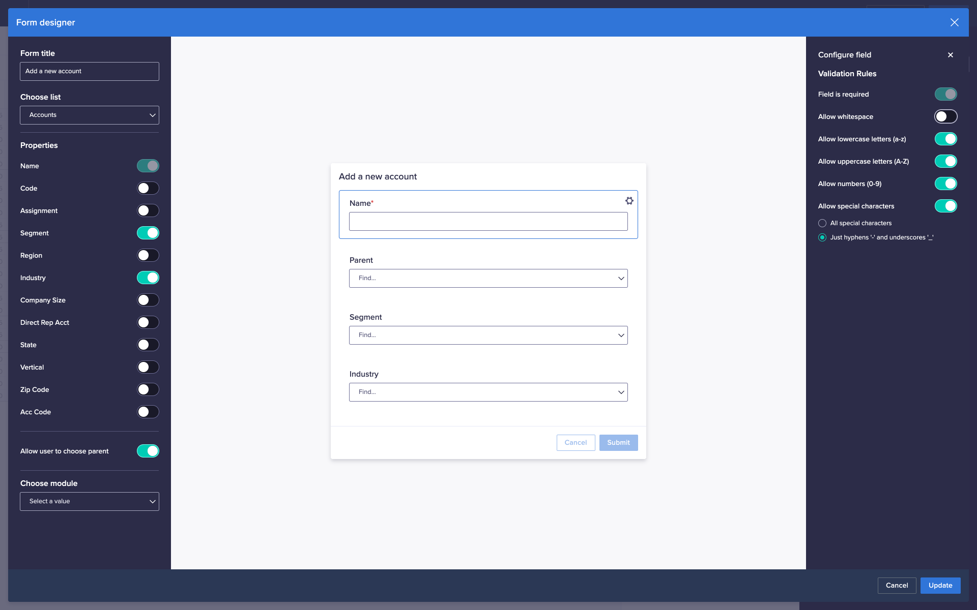 Configure character types for a form | Anapedia