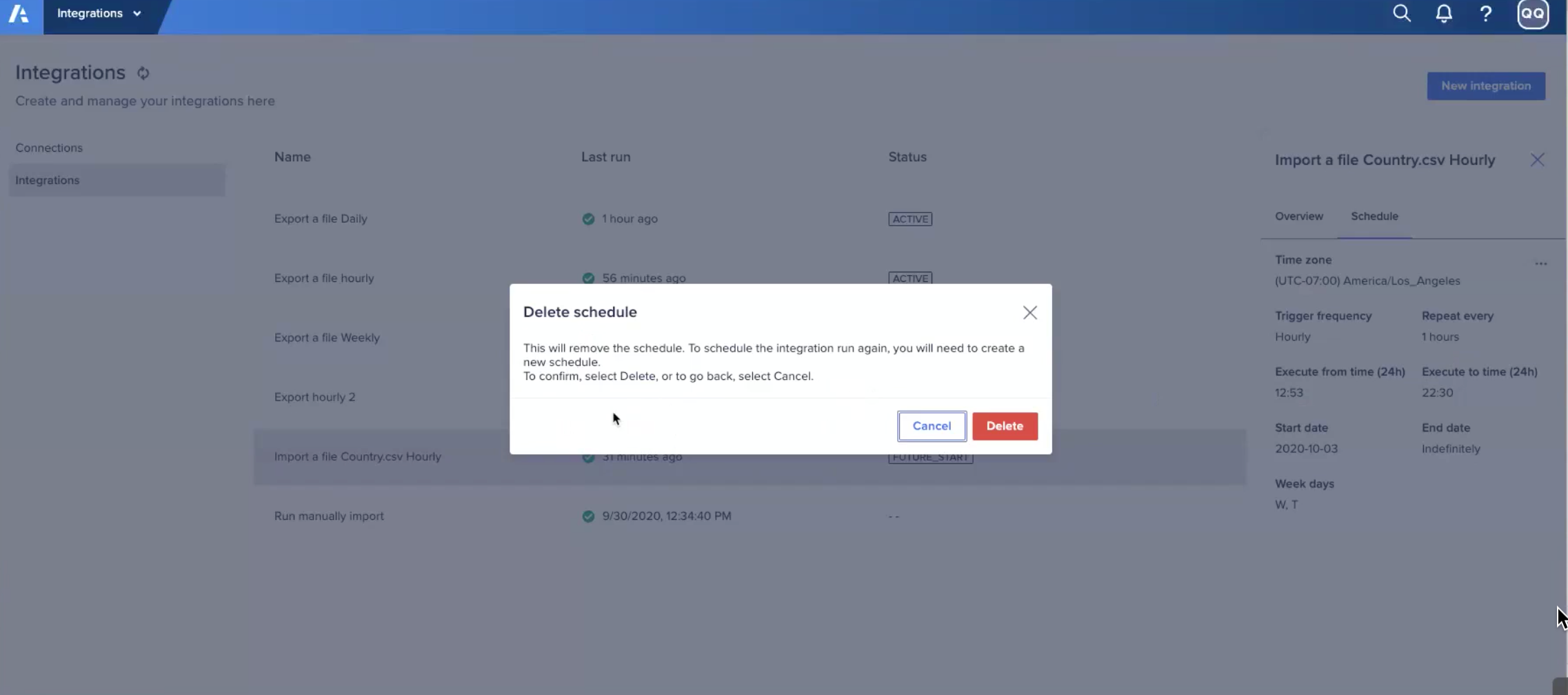 Delete integration schedule | Anapedia