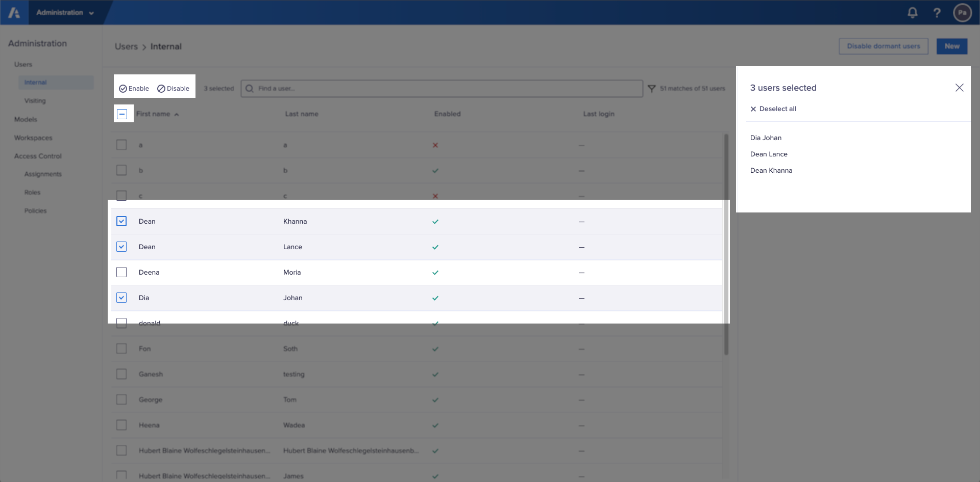 Enable or disable internal users | Anapedia